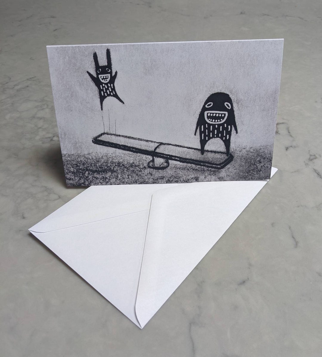 PREMIUM GREETING CARD Seesaw Monster Folk Art Whimsical Illustration ...