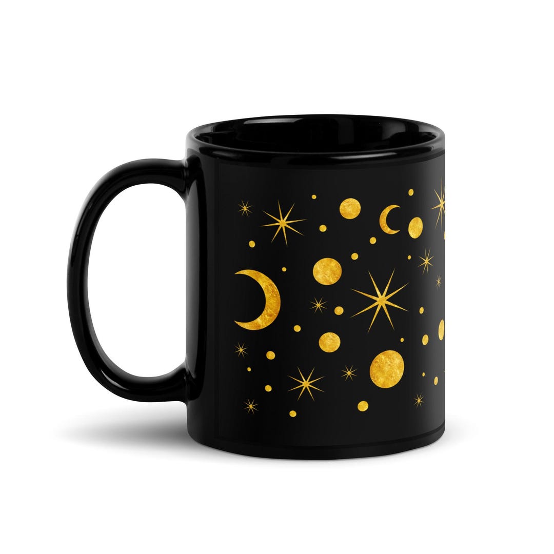 11oz BLACK COFFEE MUG Stars and Moon Outer Space Celestial Folk Art ...