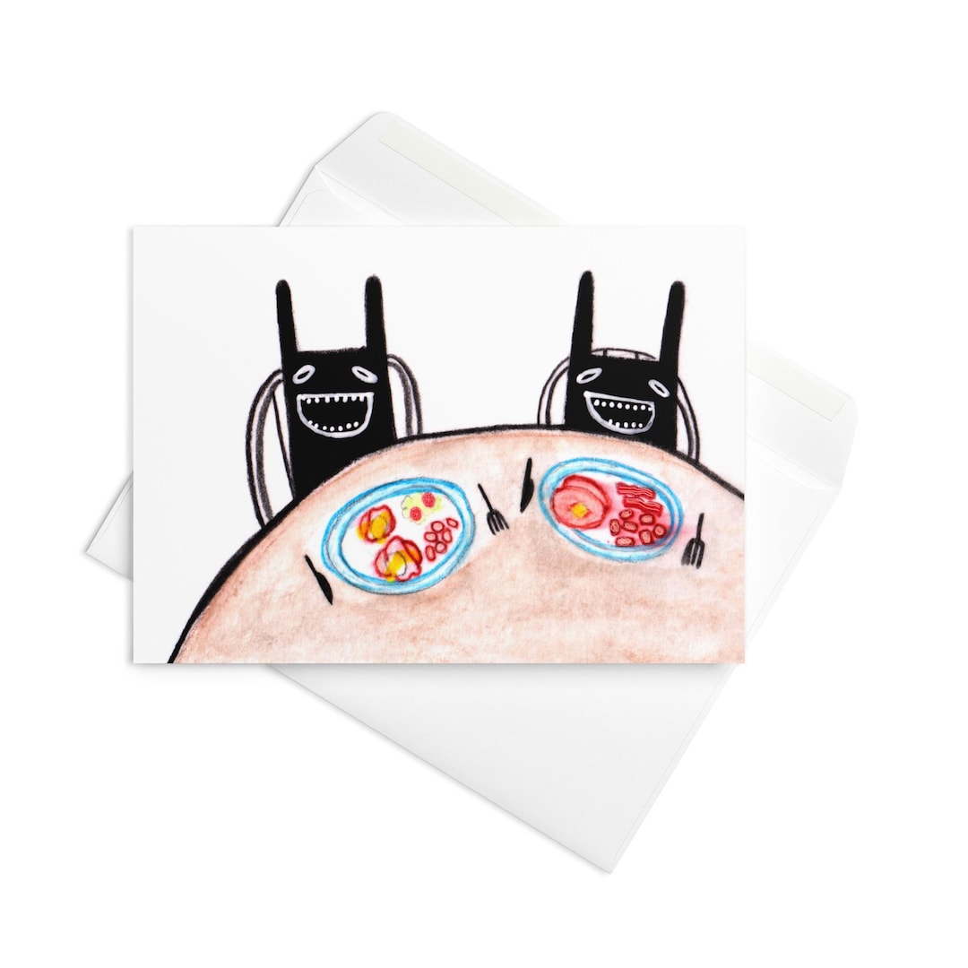 GREETING CARD Breakfast Monster Folk Art Kawaii Brunch Kitchen Folk Art ...