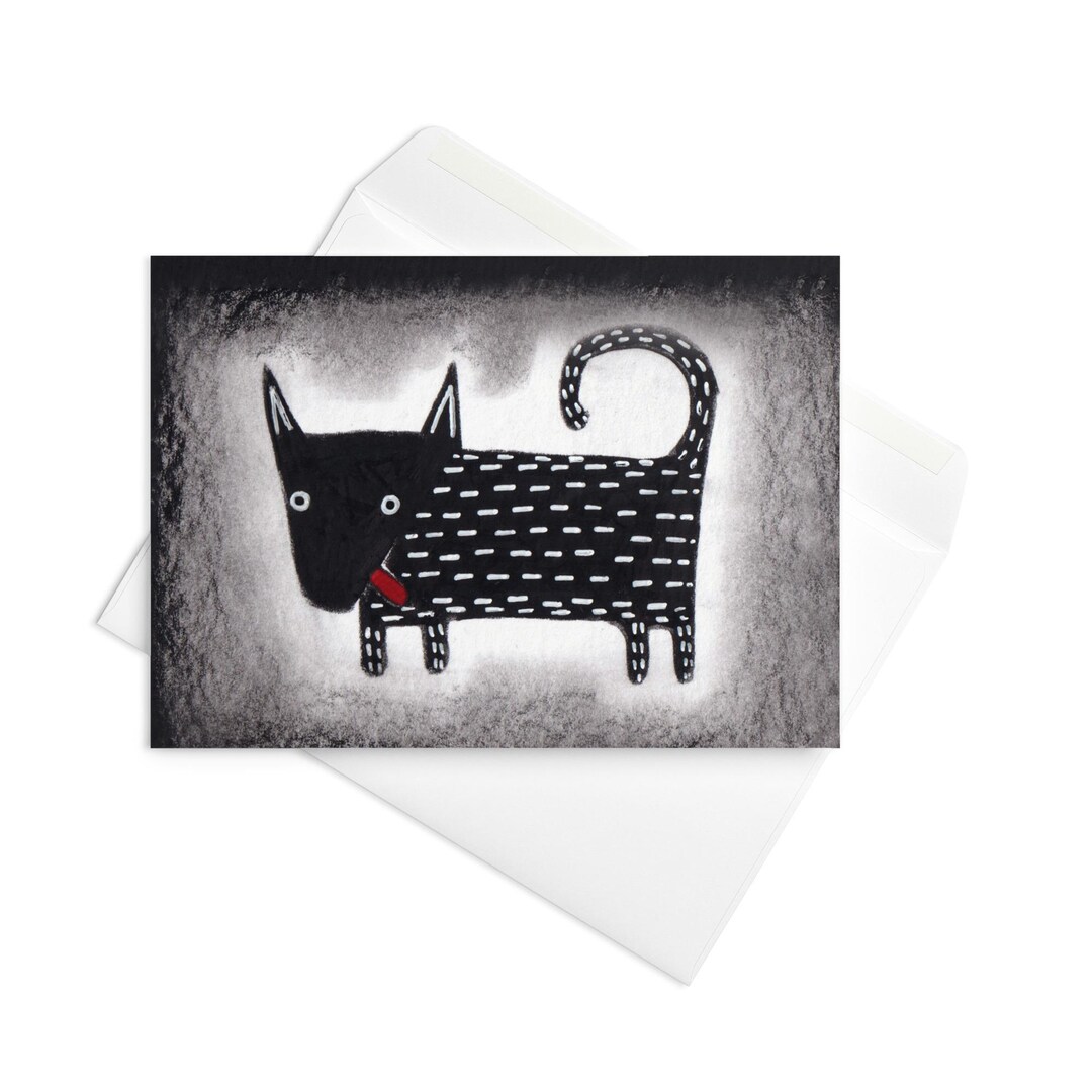 GREETING CARD Black Dog Folk Art Blank Card Whimsical Illustration ...