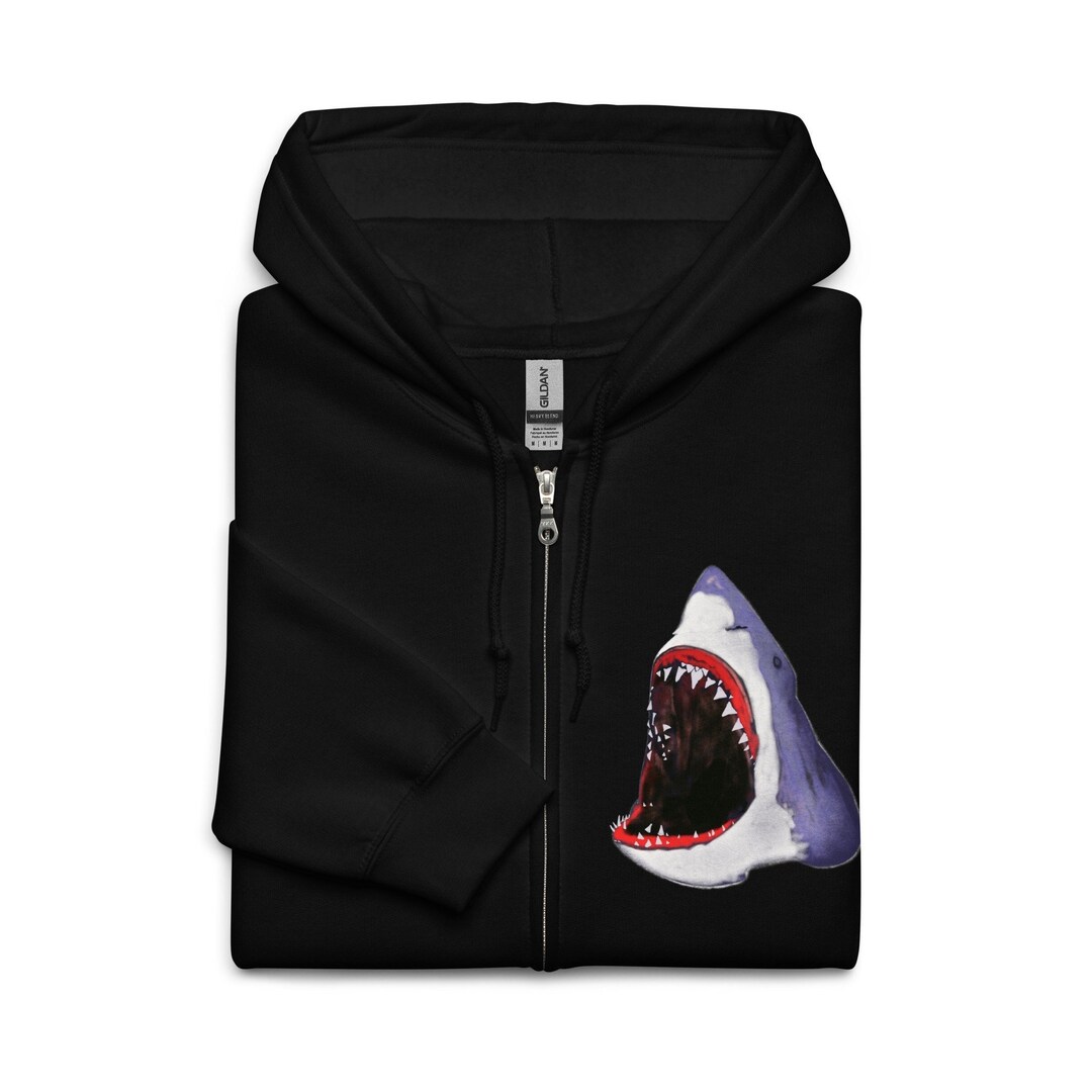 CLASSIC ZIPPER HOODIE Great White Shark Deep Sea Gift Folk Art Weird ...