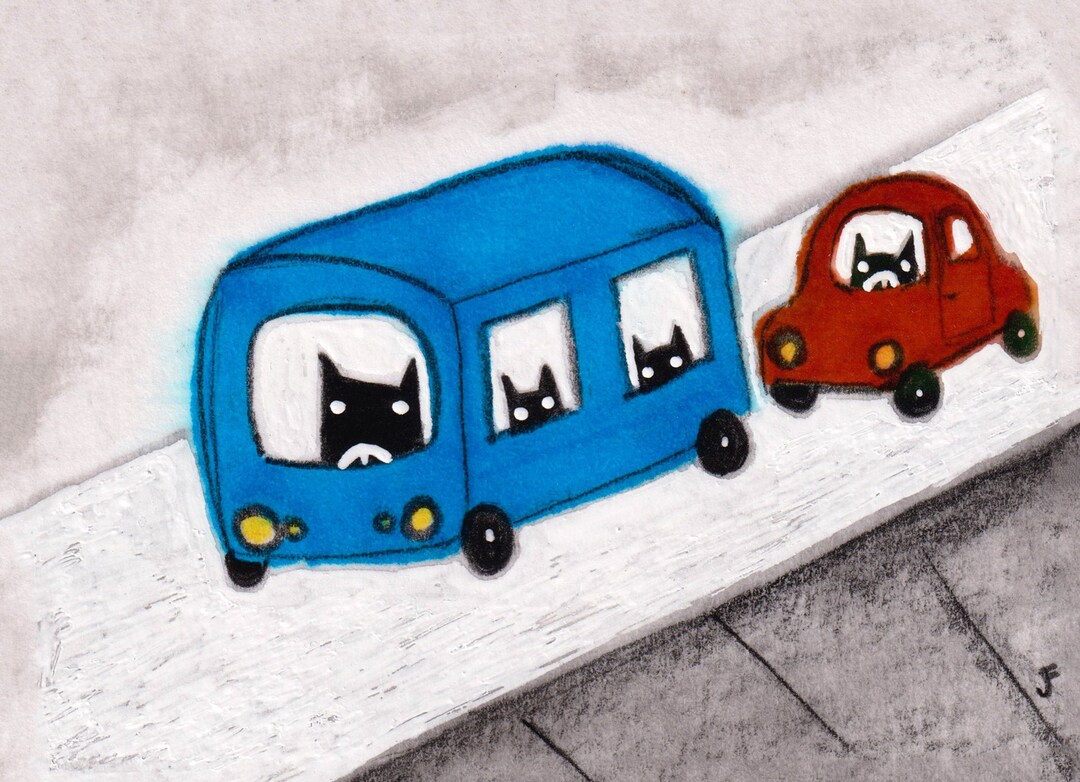 ACEO ART PRINT Stuck Behind a Bus Black Cat Traffic Folk Miniature ...