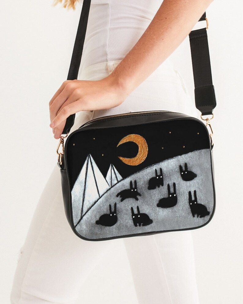 CROSSBODY BAG Black Rabbit Moon Birthday Whimsical Crescent Moon Cute ...