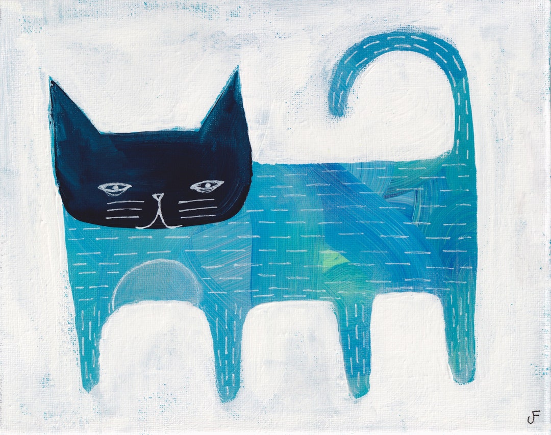 8x10" ART PRINT Blue Cat Folk Art Painting Quirky Whimsical Blue Cat ...