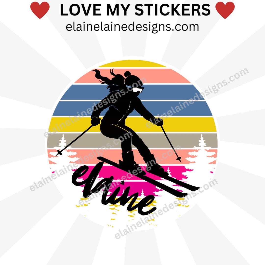 Personalized Ski Sticker Girl Skier Sunset Decal | Custom Name Ski Gift ...