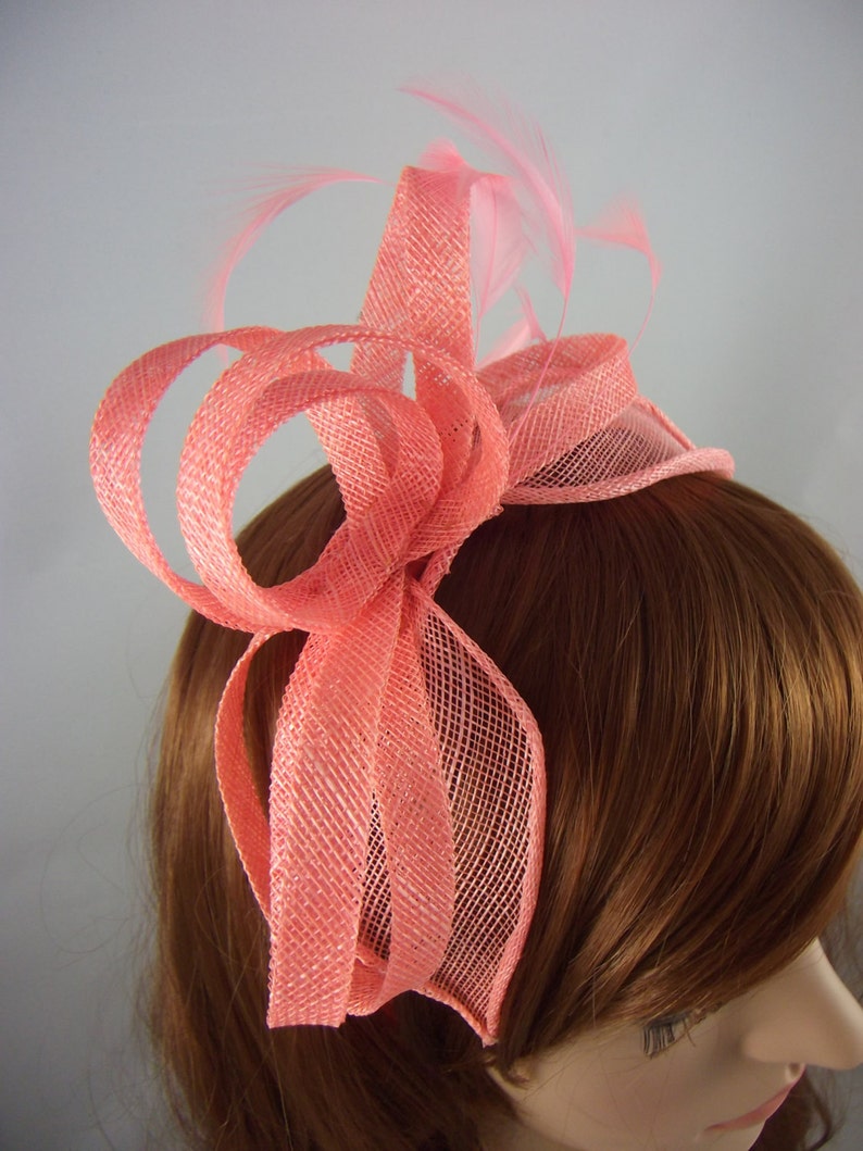 Coral Sinamay Loop & Leaf Fascinator With Feathers Occasion - Etsy