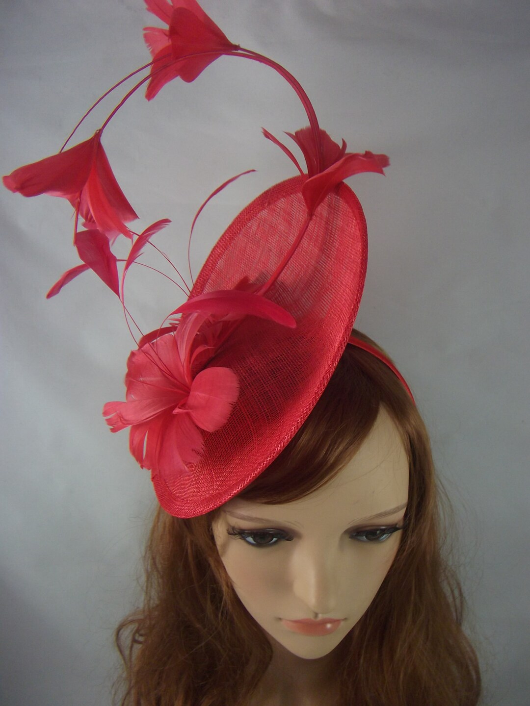 Red Statement Curve Saucer Fascinator With Feather Flowers - Wedding ...