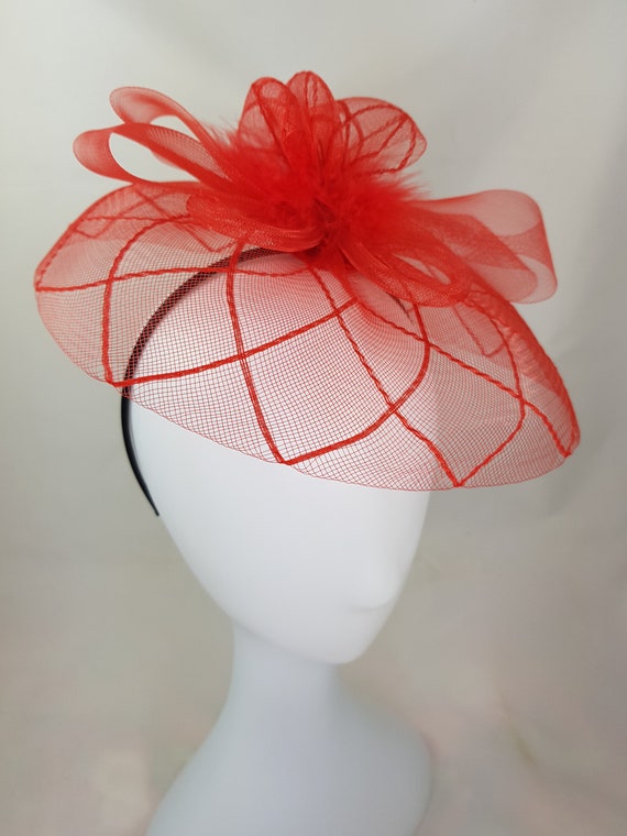 Red Diamond Pattern Veil Fascinator With Crin Ruffle Flower | Etsy