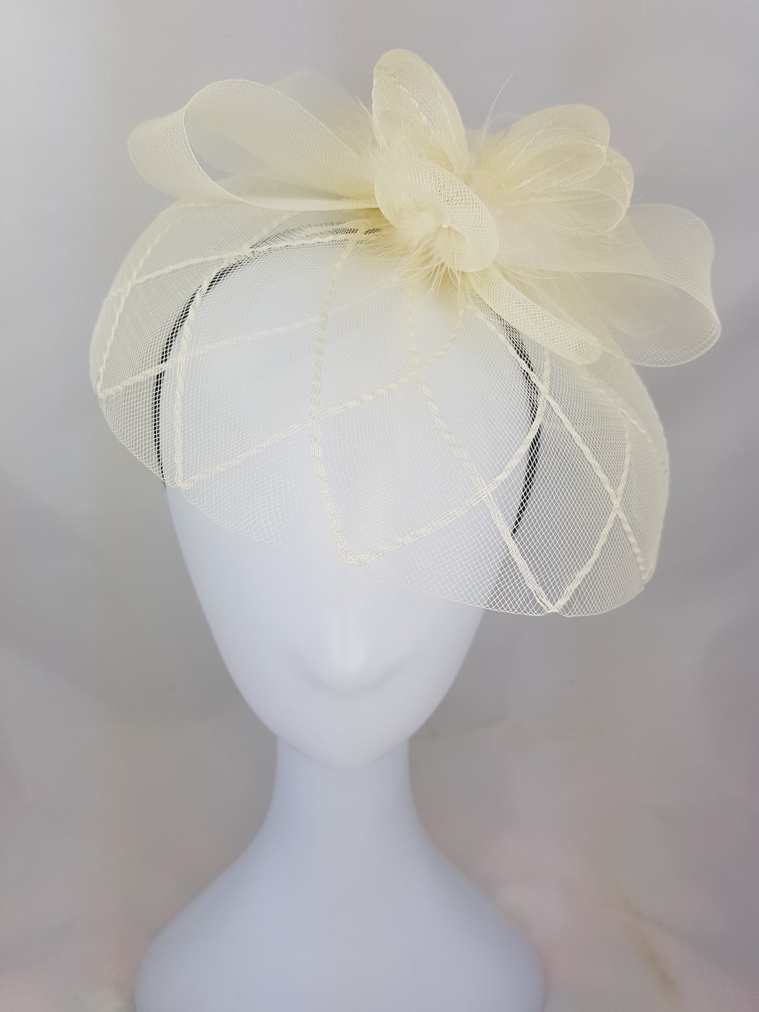 Ivory Cream Diamond Pattern Veil Fascinator With Crin Ruffle Flower ...