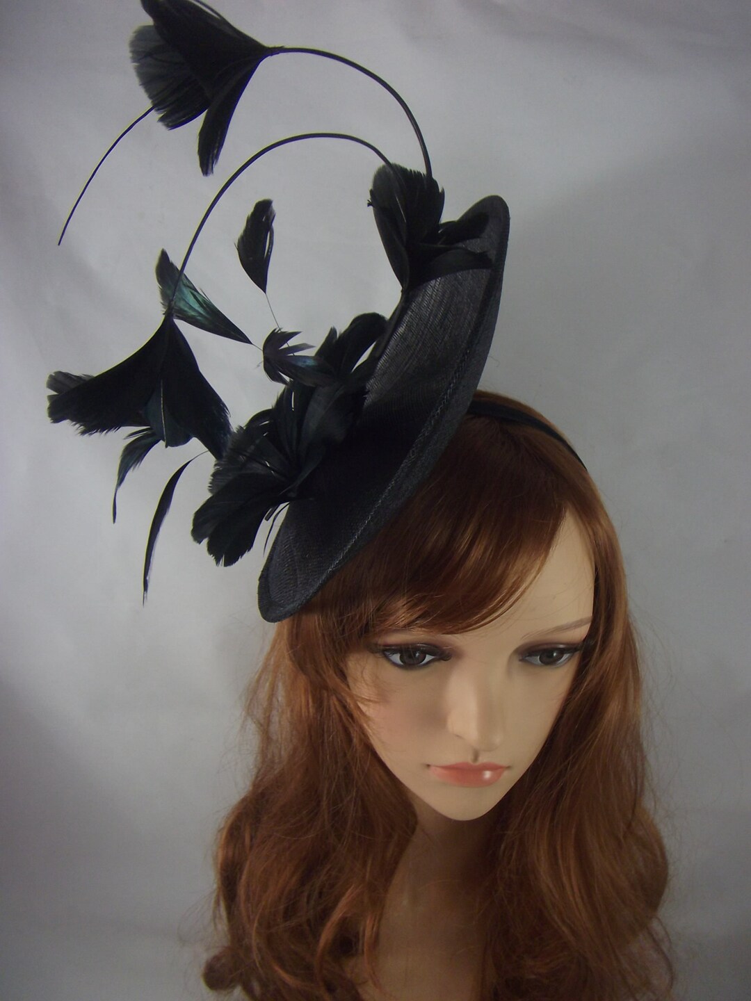 Black Statement Curve Saucer Fascinator With Feather Flowers - Wedding ...