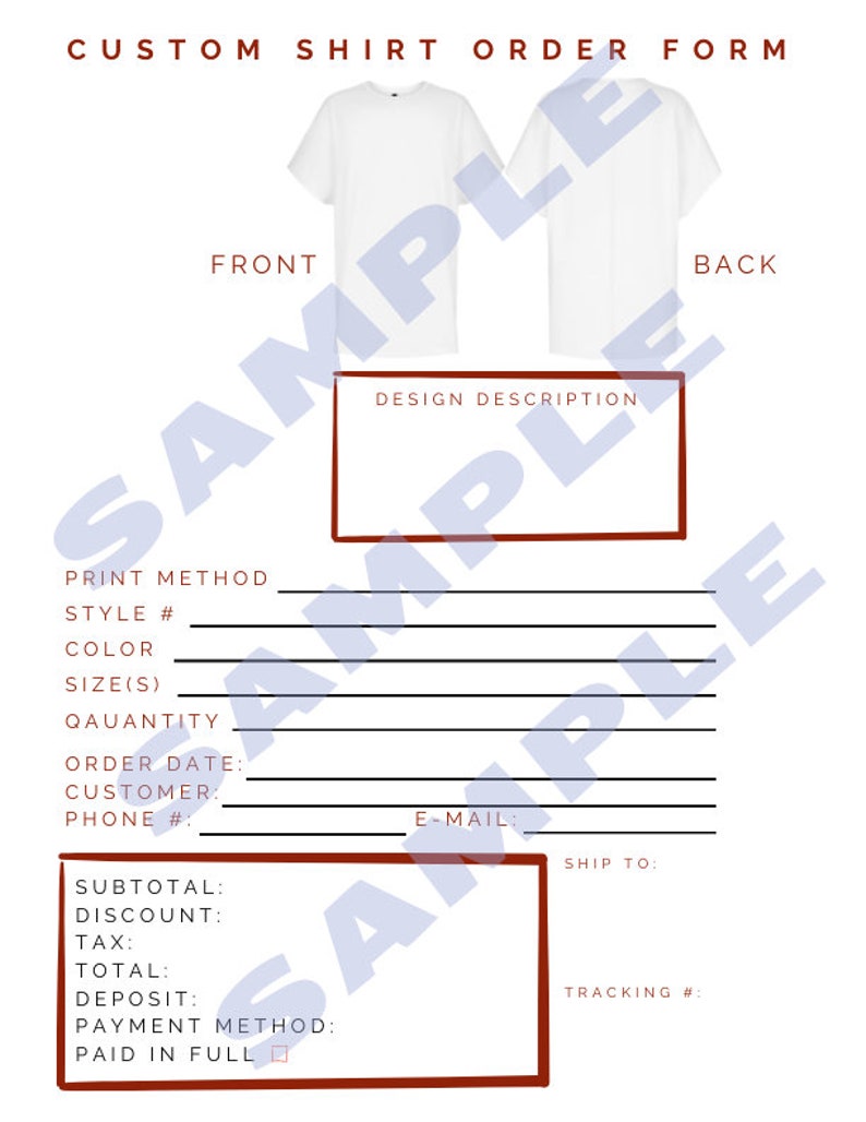 Custom T-shirt Order Form / PDF / Printable / Digital File / Small ...
