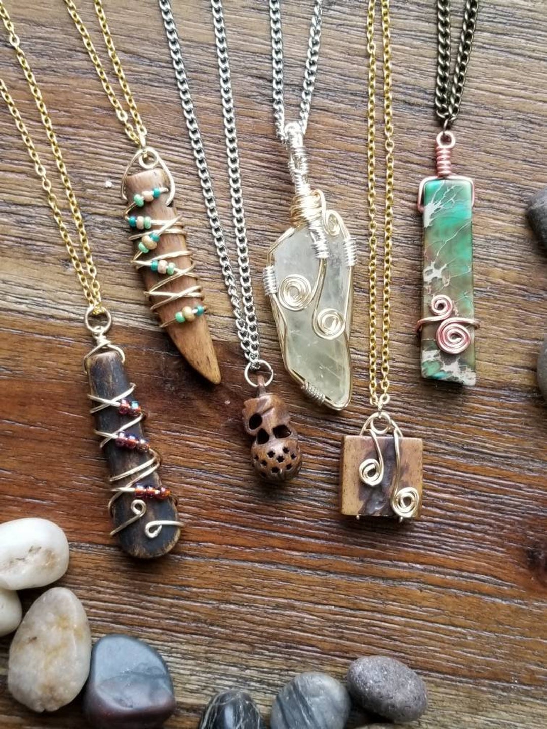 Wire Wrapped Necklace, Beaded Necklace, Wood Necklace, Necklace, Stone ...