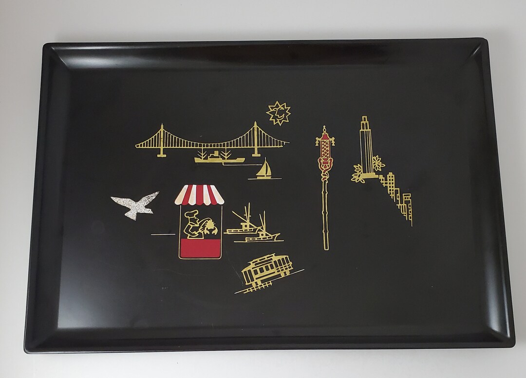 Rectangular Mid-century Black Resin Inlaid "san Francisco" Cityscape ...