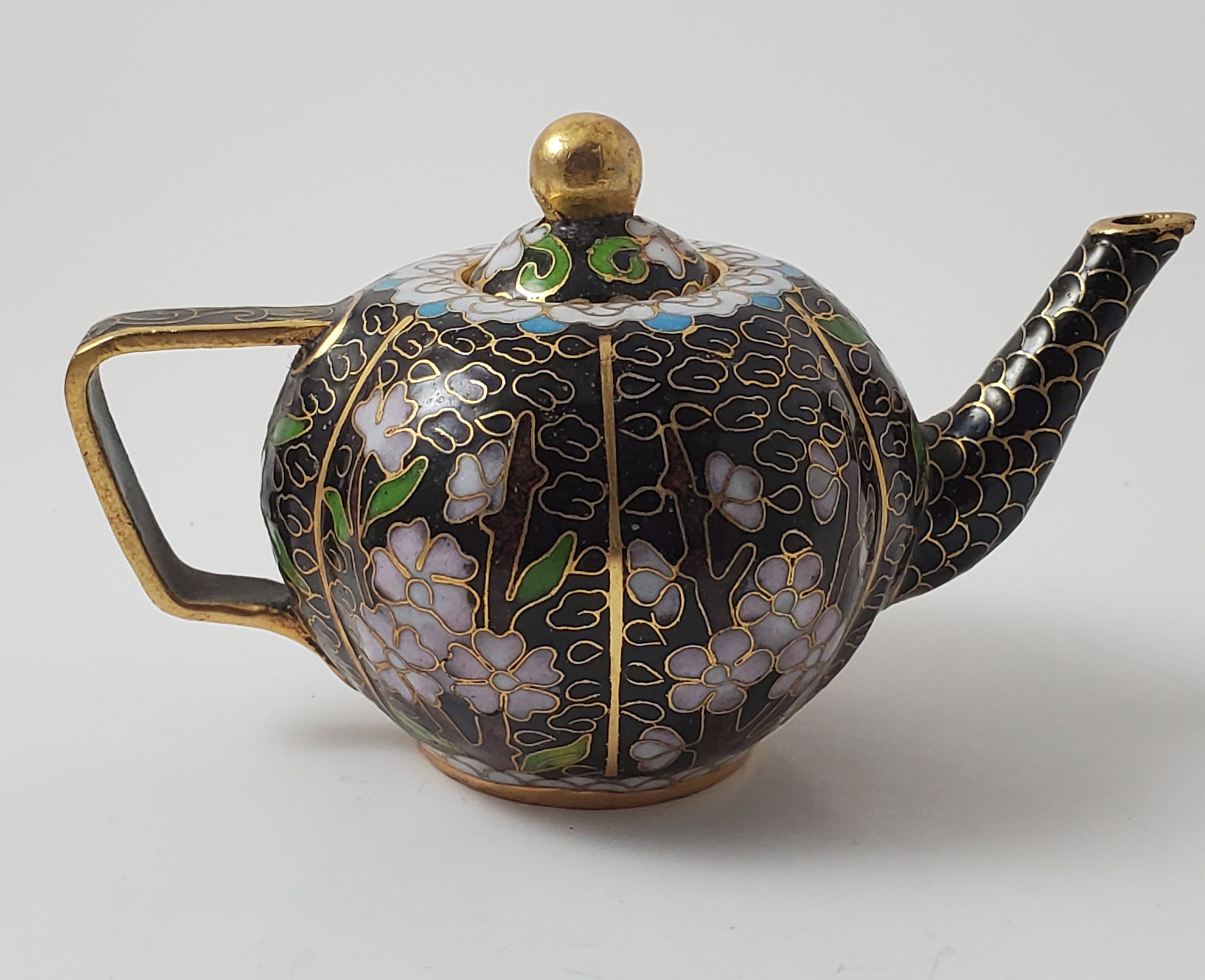 Cloisonne Miniature Teapot Black Floral - Etsy