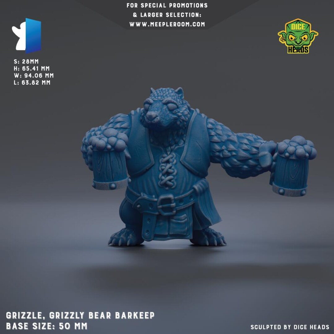 Grizzle, Grizzly Bear Barkeep by Dice Heads | Unpainted | Print on ...