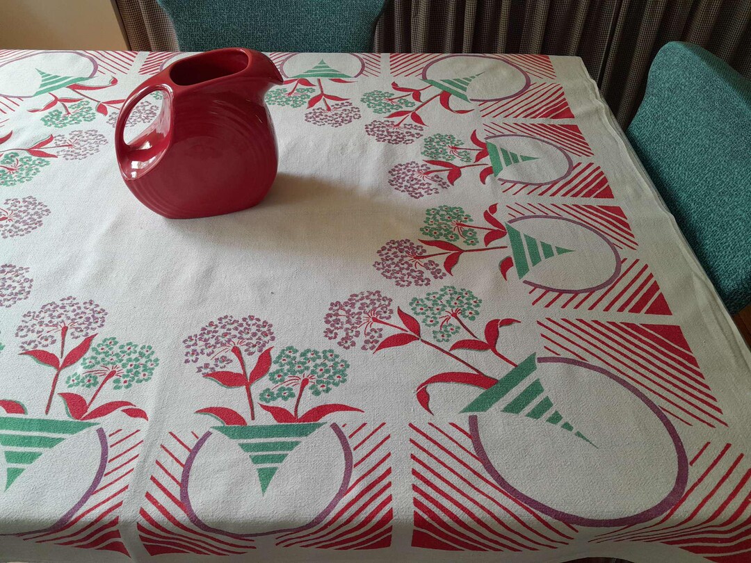 Vintage 1930s Linen Tablecloth Red Green Stylized Flowers Geraniums - Etsy