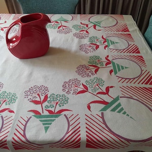 Vintage 1930s Linen Tablecloth Red Green Stylized Flowers Geraniums - Etsy