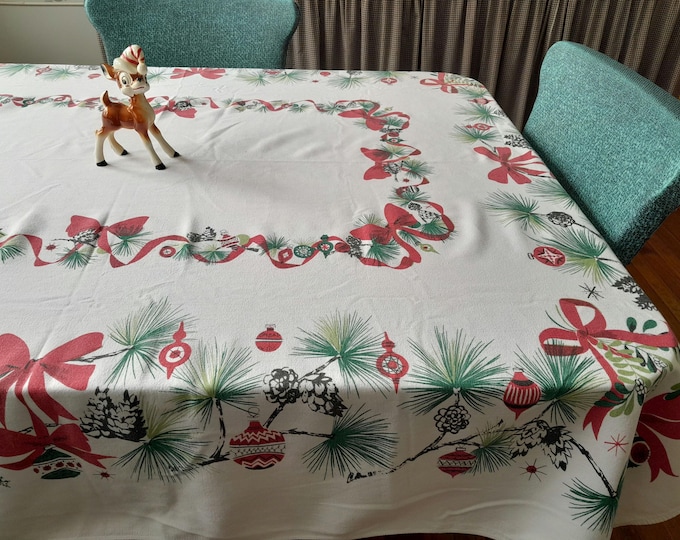 Vintage Mid Century Christmas Tablecloth Wispy Pine Red Bows Shiny ...