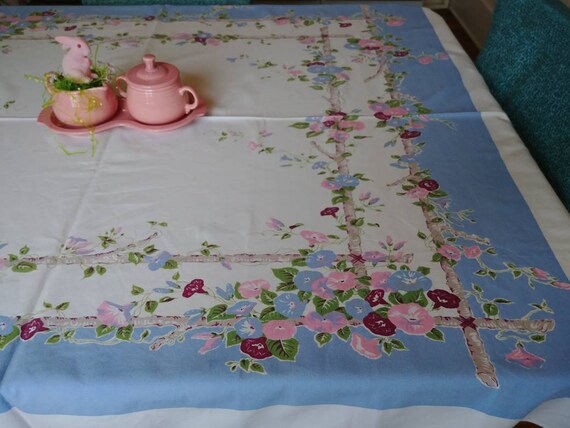 Vintage Mid Century Tablecloth Morning Glories Blue Pink | Etsy