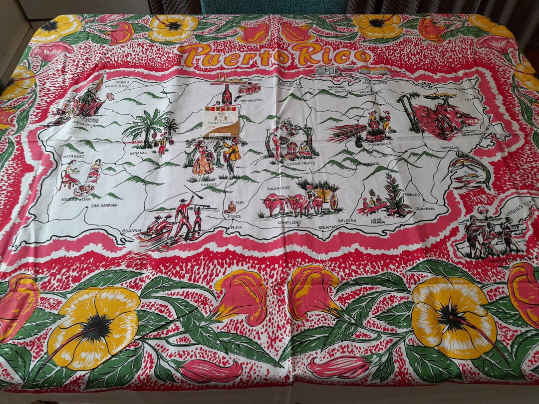 Vintage Hidaco Souvenir Tablecloth Puerto Rico Map Flowers Paper Label ...