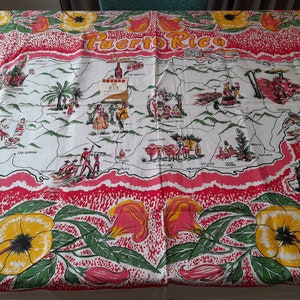 Vintage Hidaco Souvenir Tablecloth Puerto Rico Map Flowers Paper Label ...