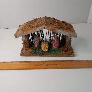 Vintage Christmas Nativity Creche Wooden Stable Composition Figures ...