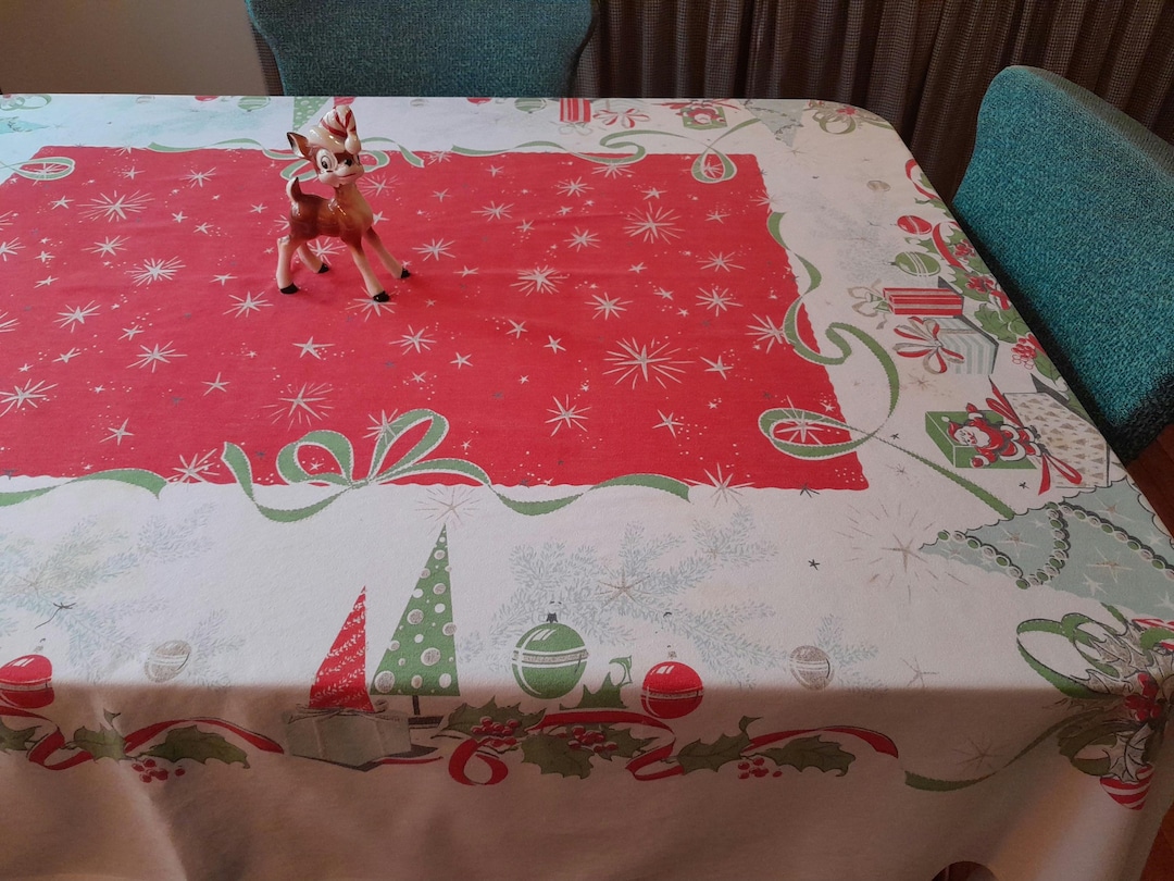 Vintage Christmas Tablecloth Marlene Linens Gift Box Atomic Trees Santa ...