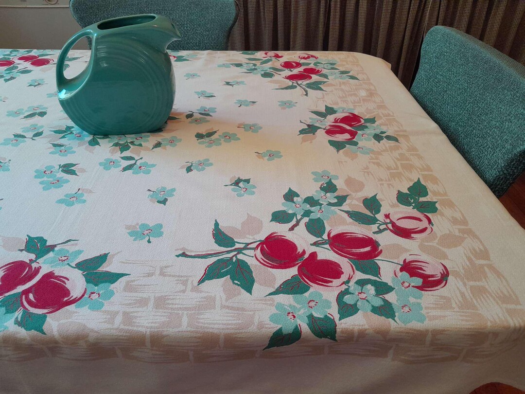 Vintage Kitchen Tablecloth Apples Blossoms Red Pink Turquoise 46 X 50 ...