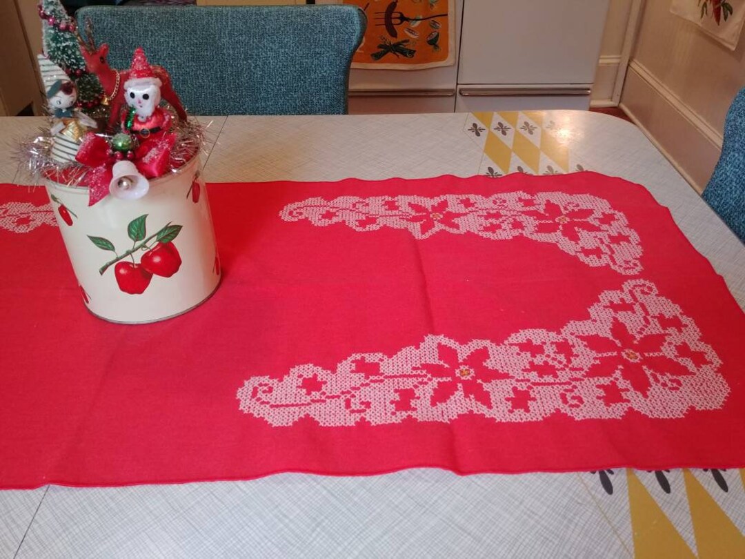 Vintage Bucilla Christmas Table Runner Red Poinsettias White Cross ...