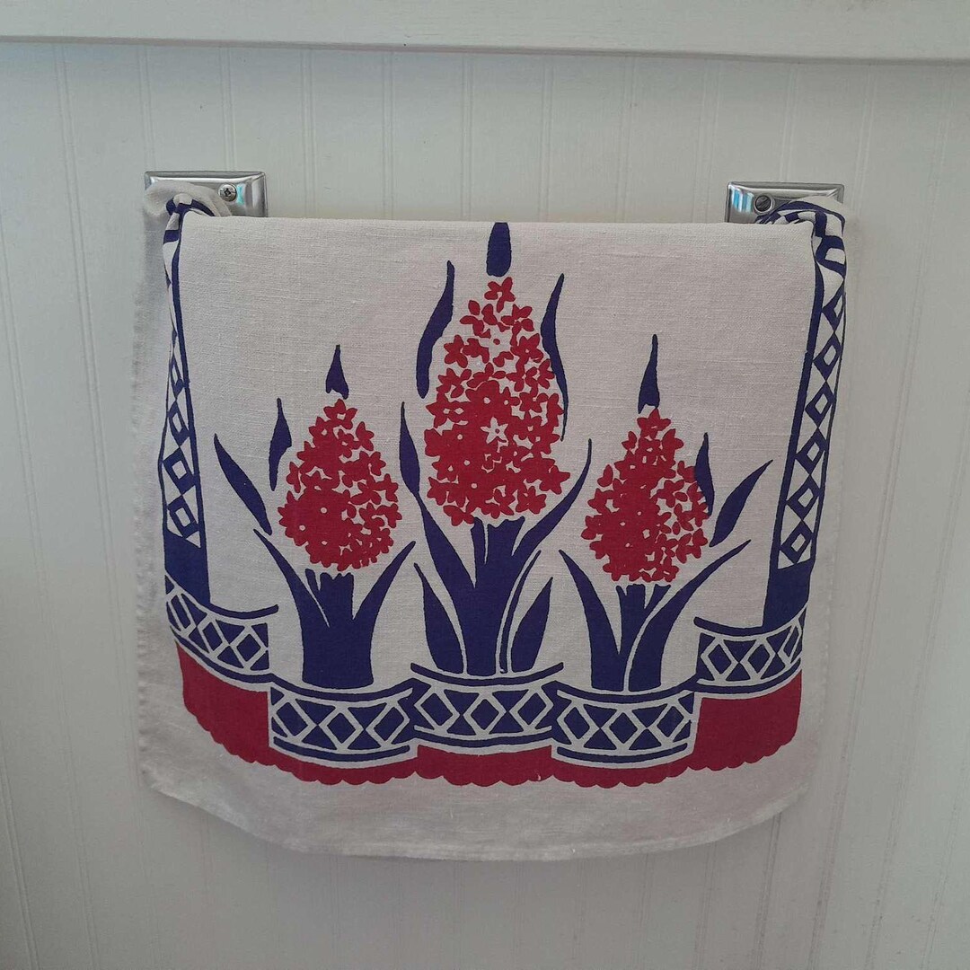 Vintage 1930s 40s Kitchen Tea Towel Blue Burgundy Stylized Floral ...