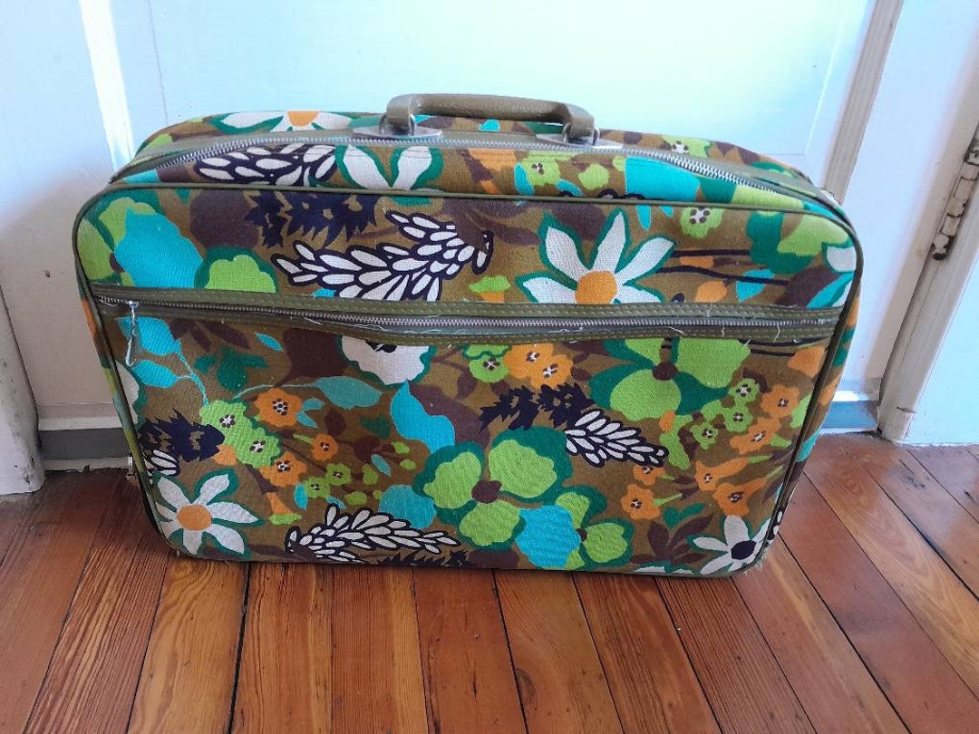 Vintage Mid Century Mod Floral Fabric Suitcase Overnight Travel Bag ...