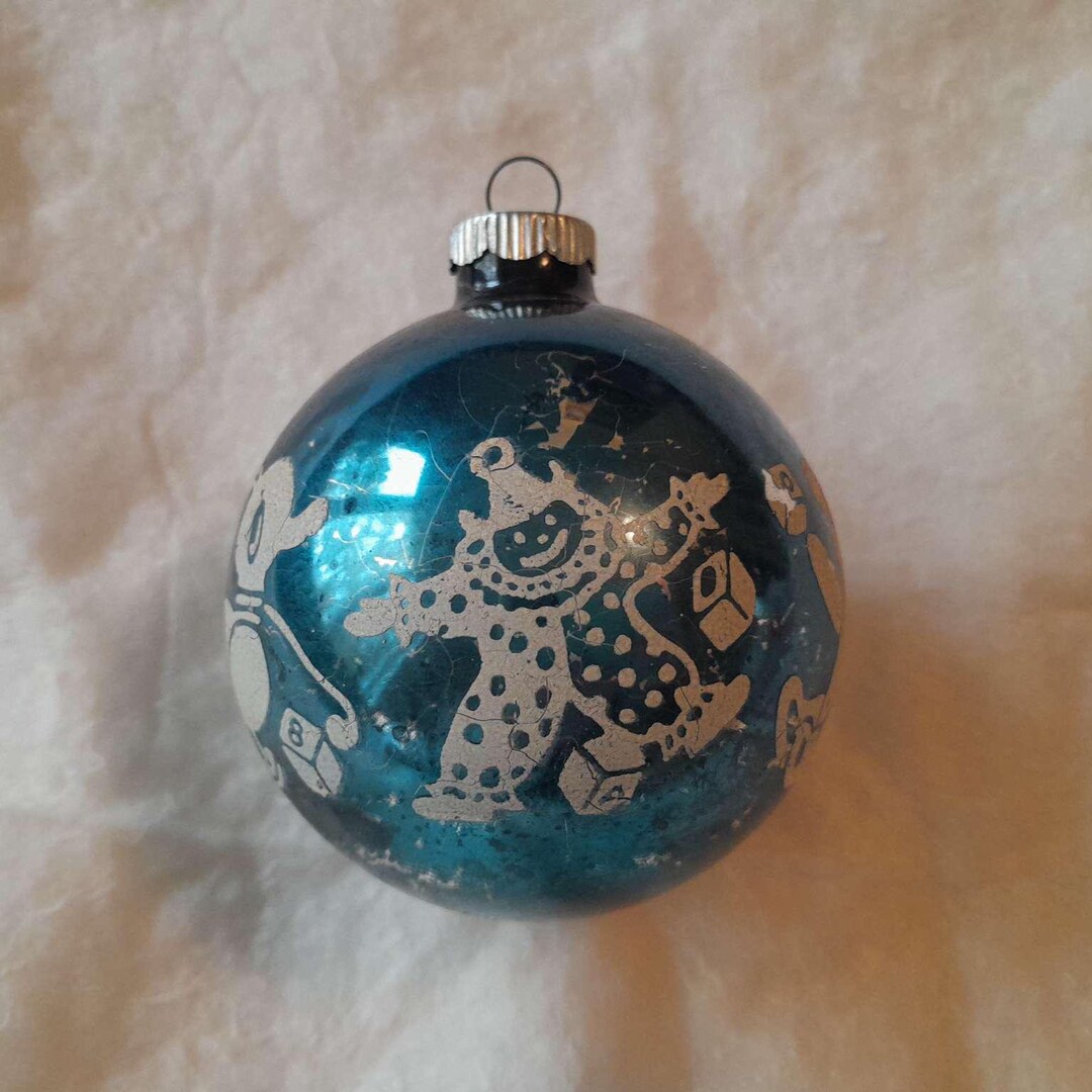 Vintage Christmas Shiny Brite Tree Ornament Blue White Stencil Toys 3 1 ...