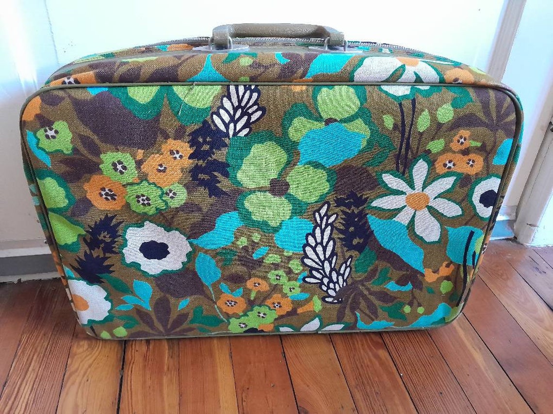 Vintage Mid Century Mod Floral Fabric Suitcase Overnight Travel Bag ...