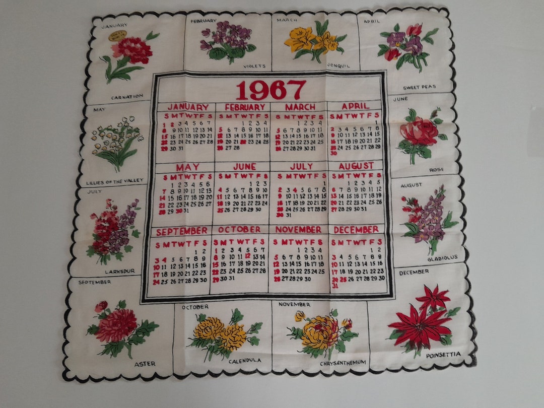 Vintage Old Stock 1967 Calendar Handkerchief Hankie Birth Month Flowers ...