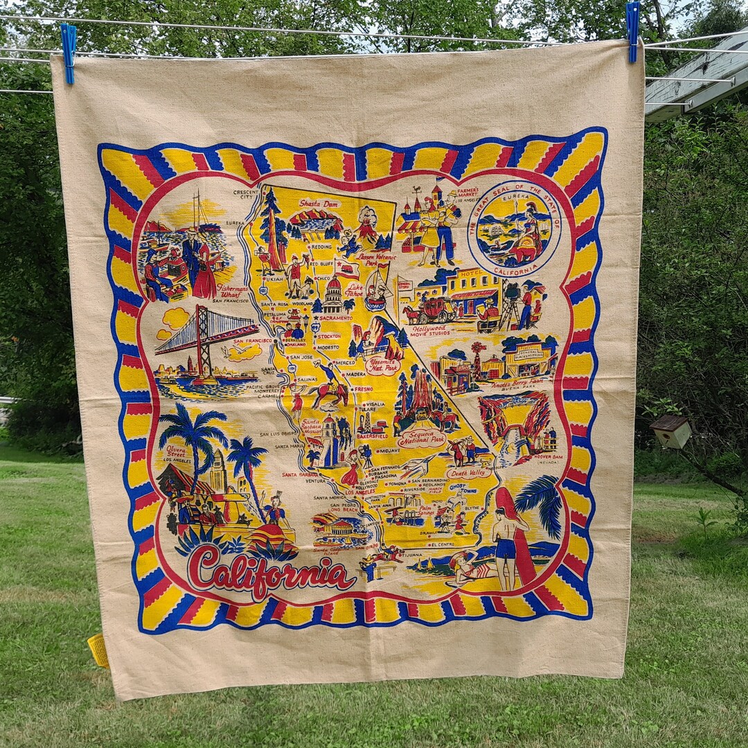 Vintage Old Stock California Souvenir State Tablecloth Cactus Cloth ...
