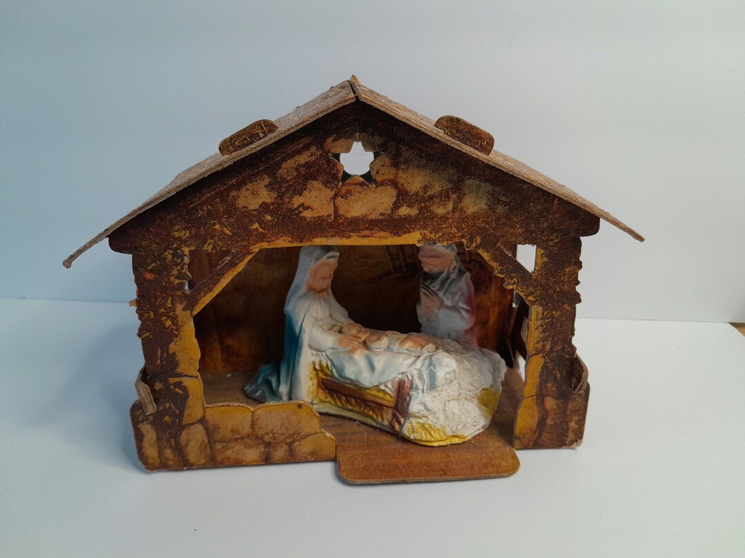 Vintage Christmas Nativity Stable Creche Mary Joseph Baby Jesus ...