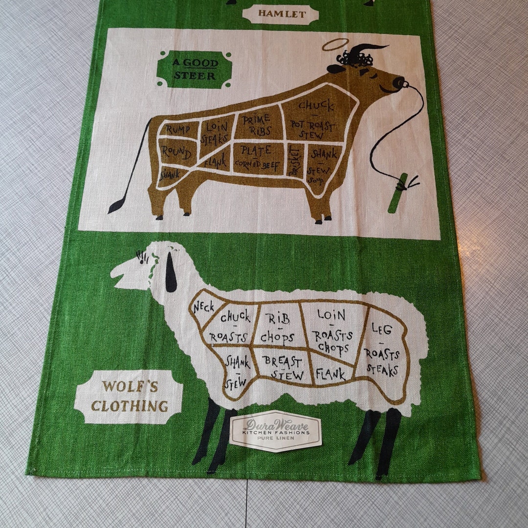 Vintage Old Stock Kitchen Tea Towel Cuts of Meat Farm Animals Tammis ...