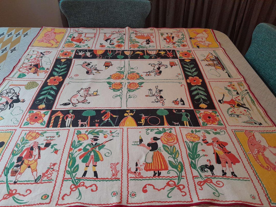 Vintage 1930s Dewan Linen Tablecloth Colorful Folk Pattern Cocktail ...