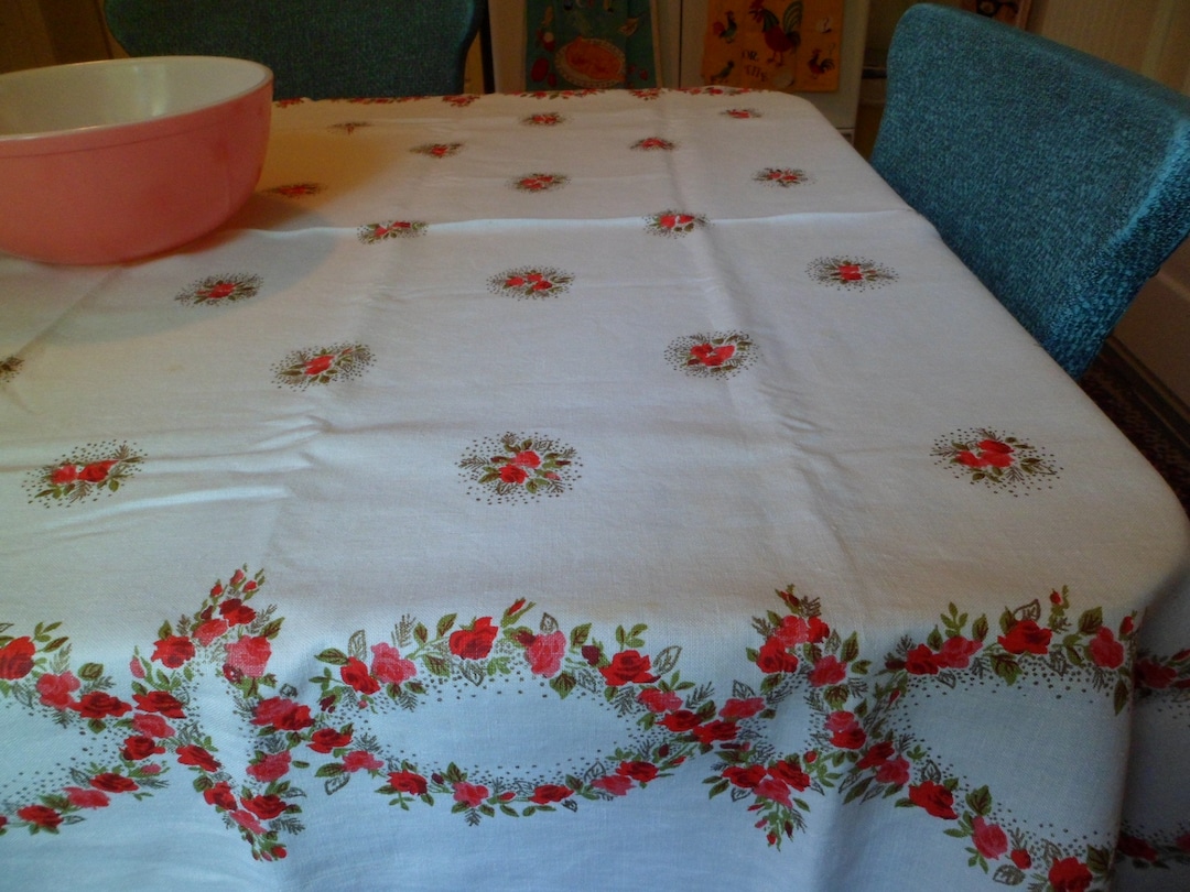 Vintage Hardy Craft Original Linen Tablecloth Tiny Red Pink Roses ...