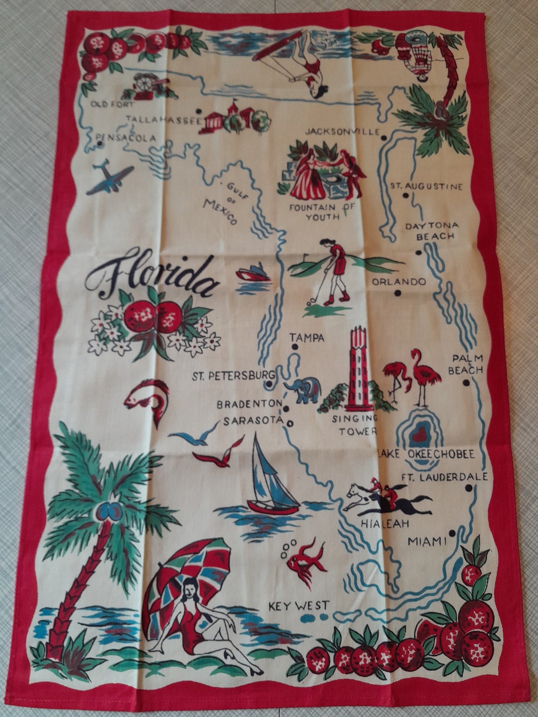 Vintage Florida State Souvenir Tea Towel - Etsy