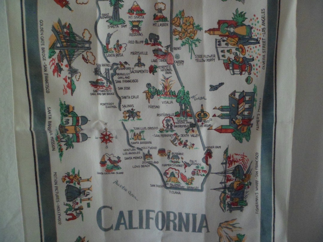 Vintage California State Souvenir Kitchen Tea Dish Towel Wall Hanging ...
