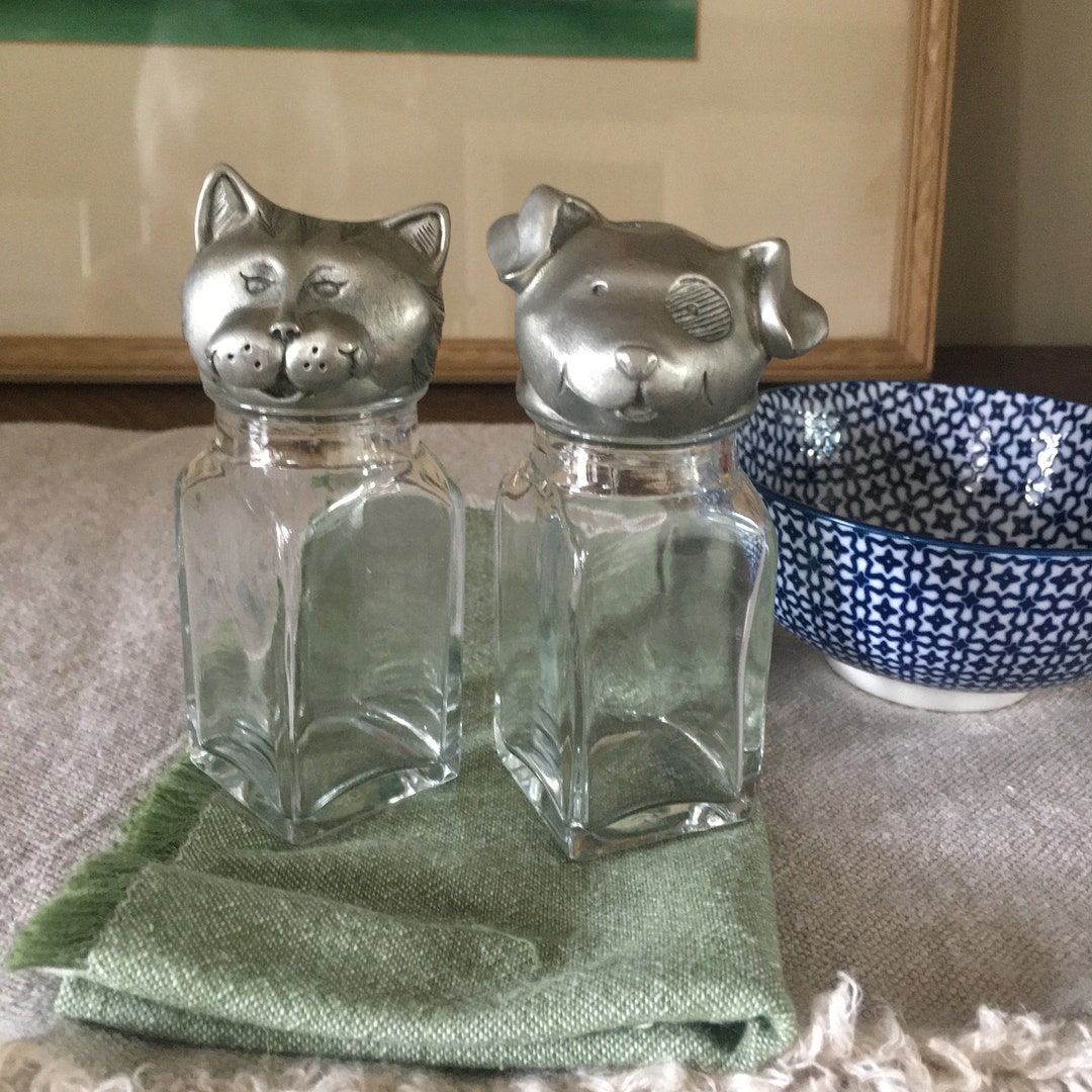 Vintage Pewter DOG and CAT Salt and Pepper Shakers With Clear Glass ...