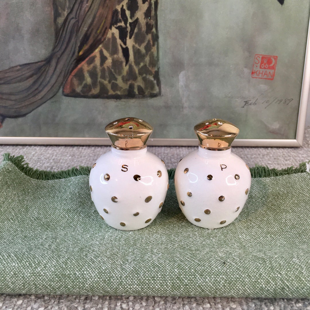 White and Gold Porcelain Salt and Pepper Shakers, Napco Japan, Made in ...