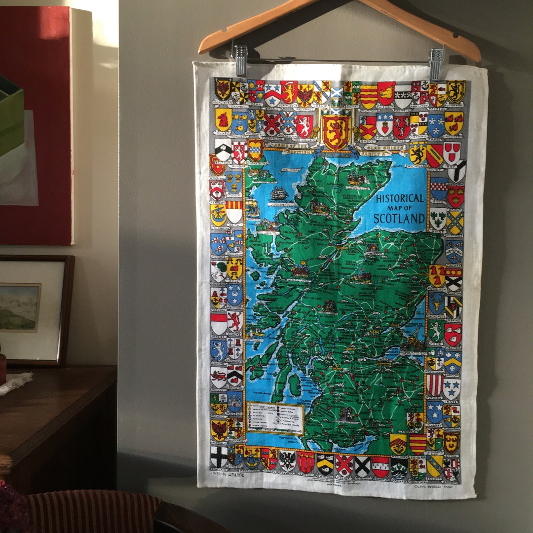 Vintage Map of Scotland Tea Towel, Scottish Family and Clan Chiefs ...