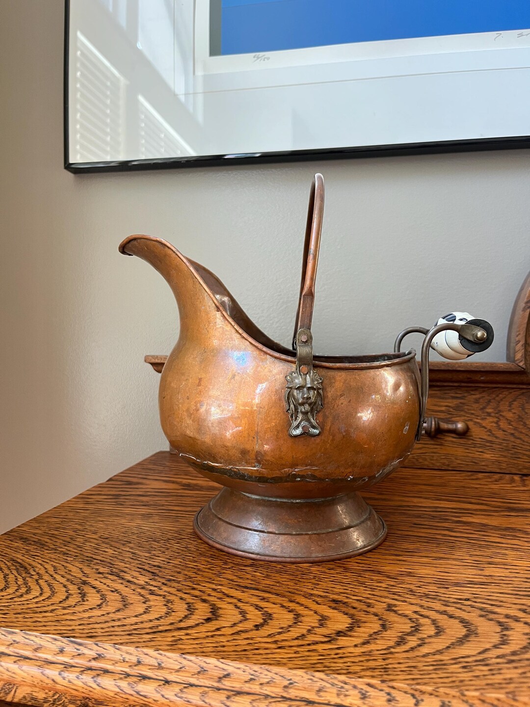Antique Large Copper Coal Scuttle, Delft Ceramic Handle, 10.5" Tall ...