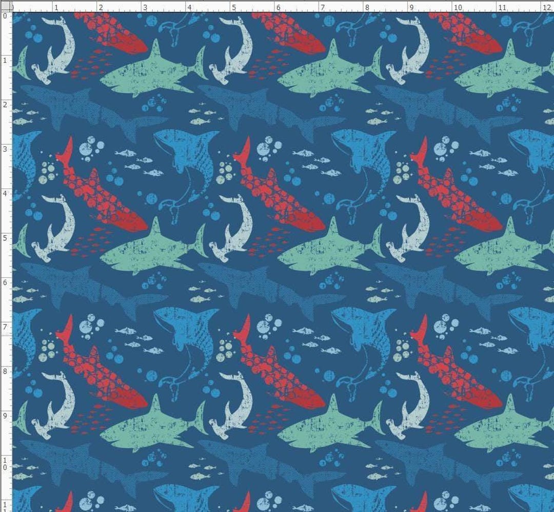 SHRK1 - Shark, Sea Life Fabric, Ocean Life Pattern, Custom Printed ...