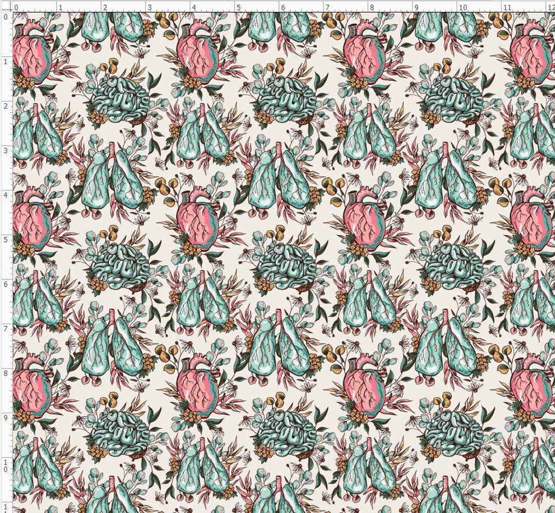 Organ Anatomy Fabric, Floral Heart Lungs Anatomy Fabric by the Yard ...
