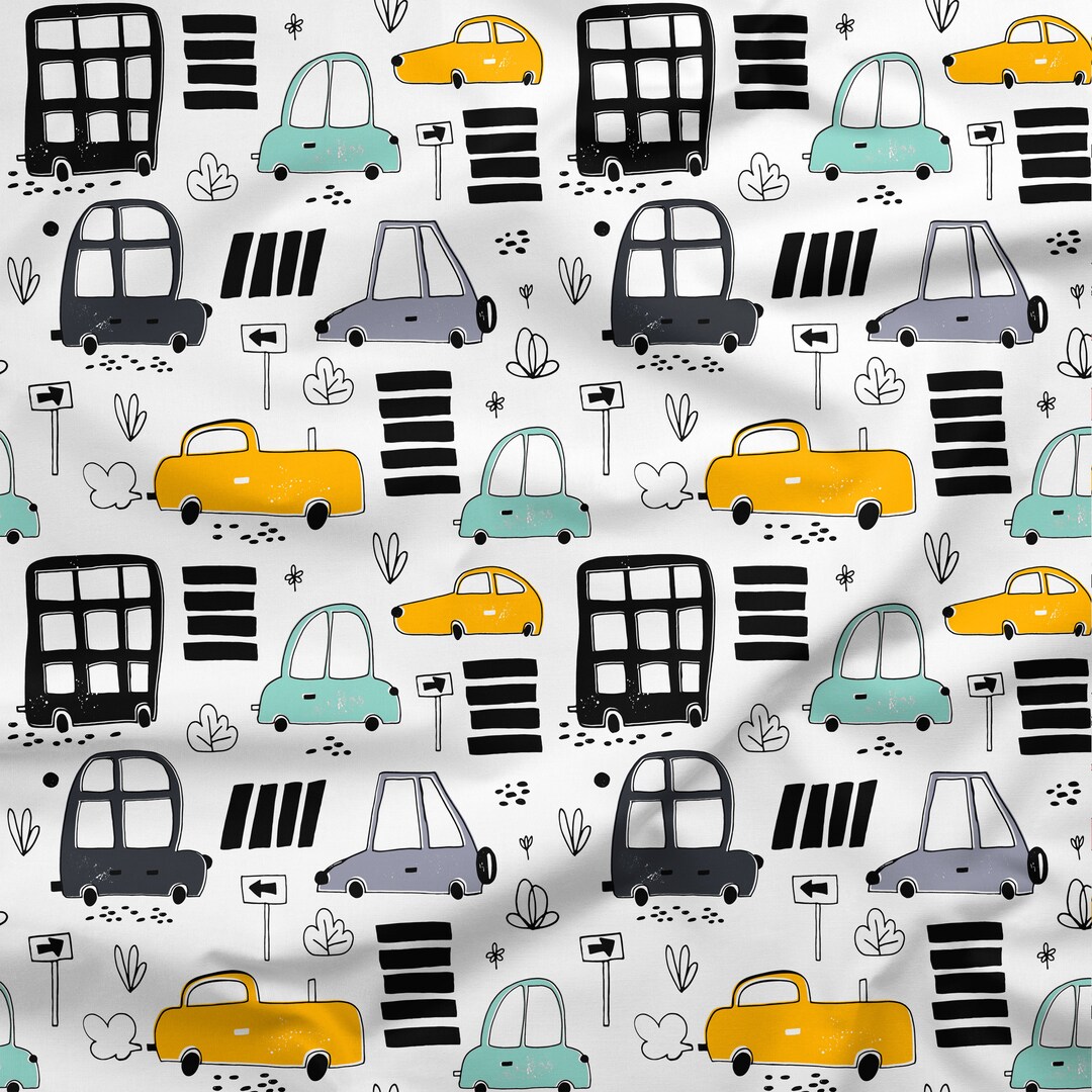 Car, Transportation Pattern, 100% Organic Interlock Knit Cotton, Kona ...
