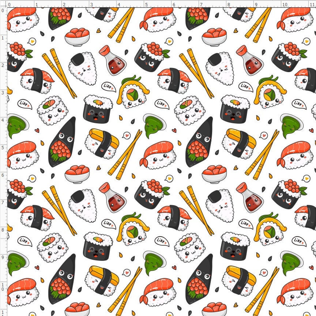 SUS4 - Kawaii Sushi Fabric, Kawaii Japanese Food Fabric, Custom Printed ...