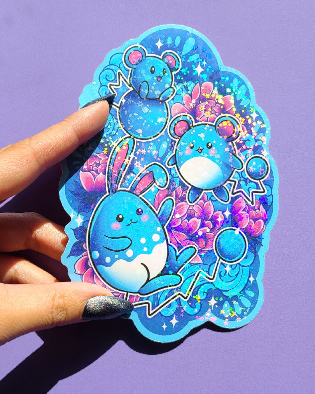 Marill, Azuril, and Azumarill BIG Holographic Glitter Sparkle Sticker ...